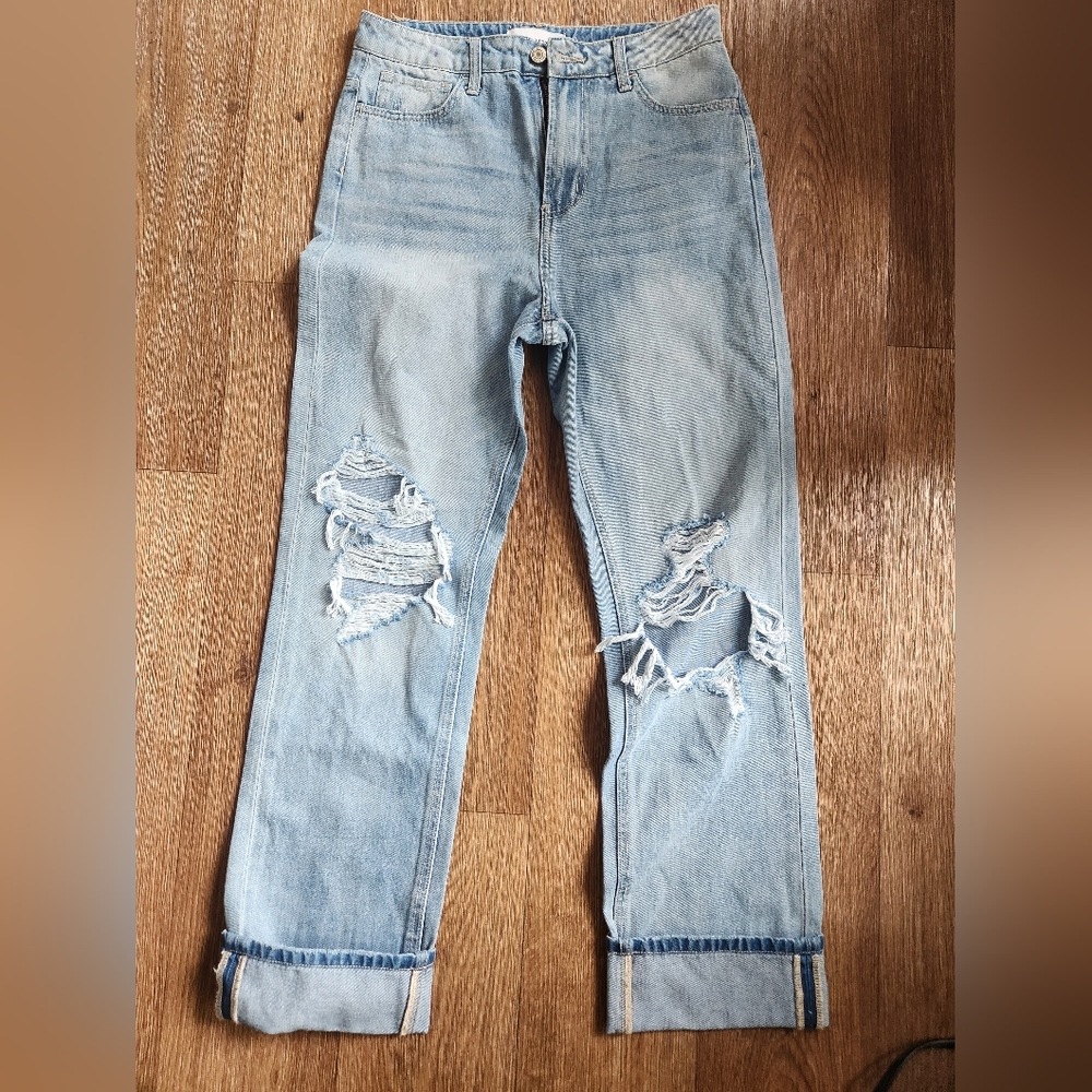 Vervet Distressed Cuffed High Rise Mom Jeans - Gem